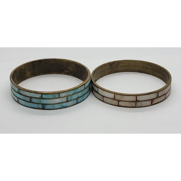 Jewelry | Vintage Set Of Two Shell Inlay On Brass Stacking Bangle ...